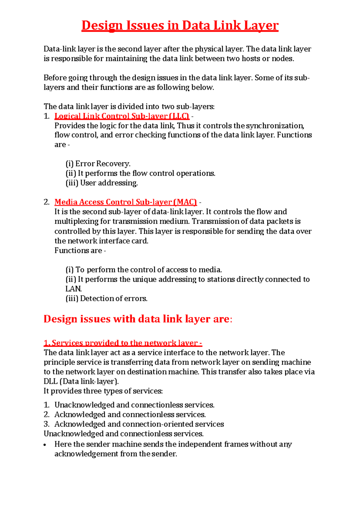 Design Issues in Data Link Layer: Functions & Challenges - Studocu
