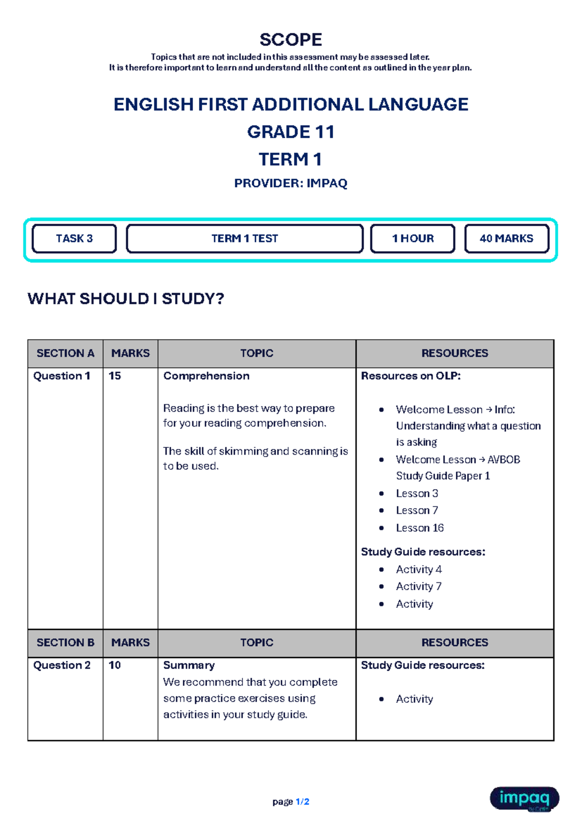 ENGLISH FAL GRADE 11 TERM 1 TEST 3 STUDY GUIDE & RESOURCES - Studocu