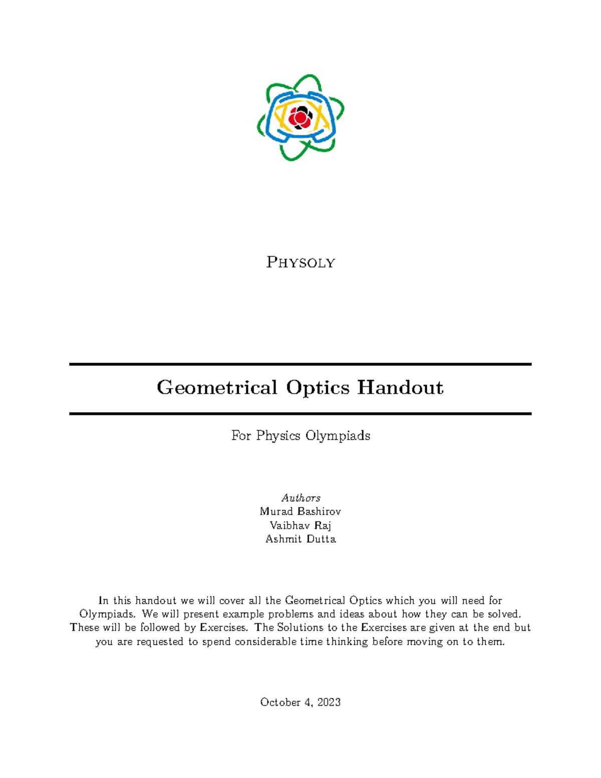 Geometrical Optics Handout for Physics Olympiads (PHYS 101) - Studocu