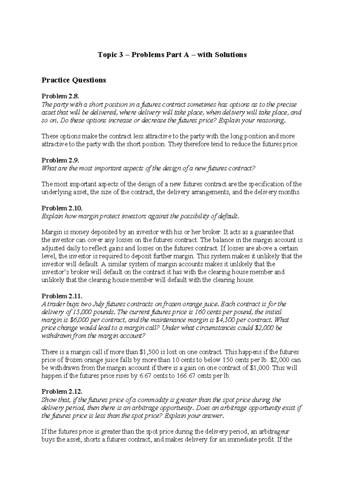Topic 3 - Solutions to Problems Part A for Finance Course (FIN101 ...