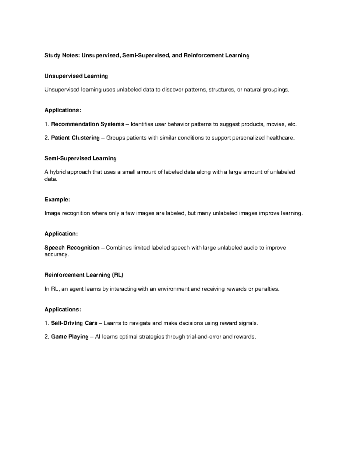 Study Notes: ML - Unsupervised & Reinforcement Learning - Studocu