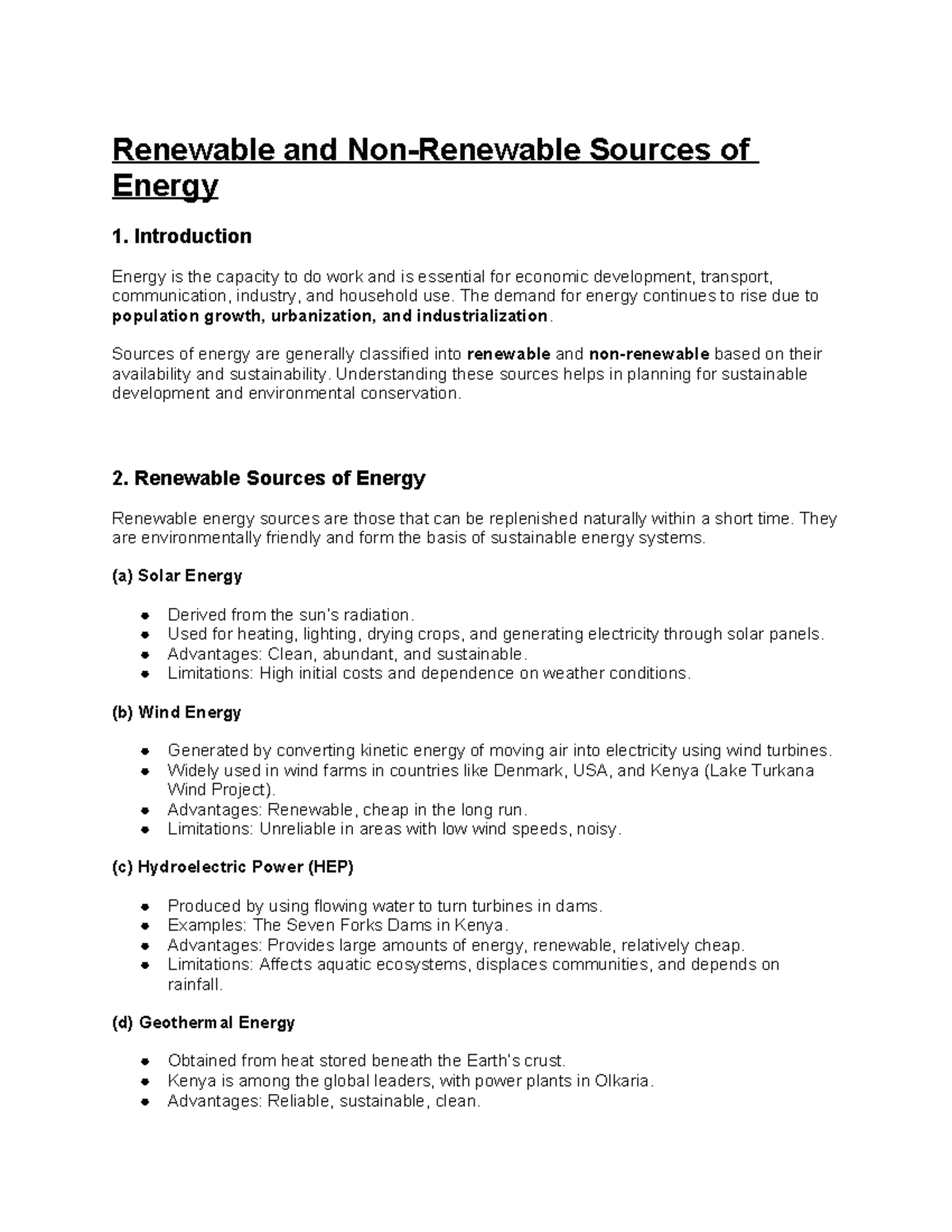 Renewable and Non-Renewable Energy Sources Overview - Studocu
