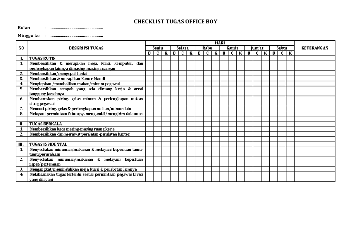 Checklist Tugas Office Boy - FORM 2023 - Studocu