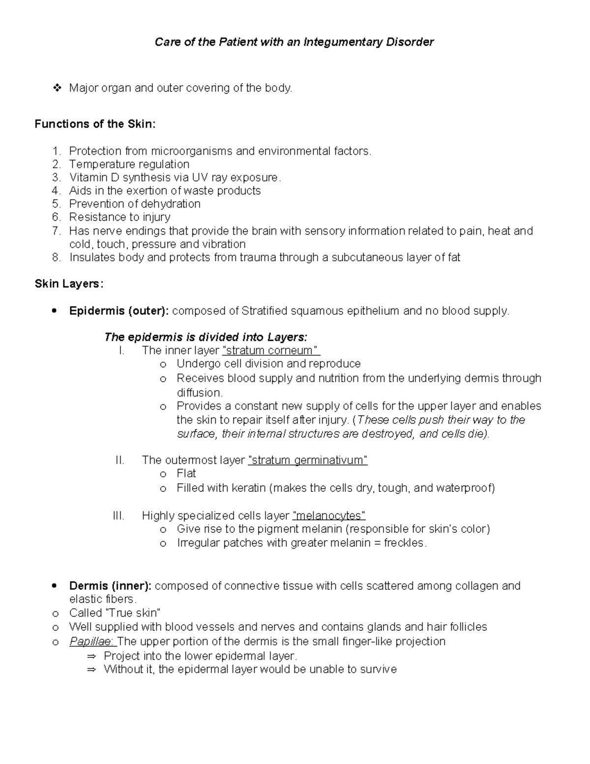 Integumentary System Care Notes and Assessment (NURS 3220) - Studocu