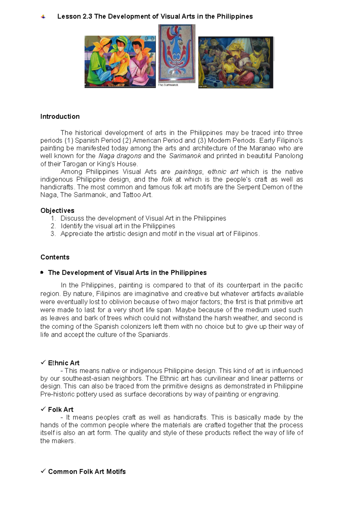 Lesson-2 - ART APPRECIATION - Lesson 2 The Development of Visual Arts ...