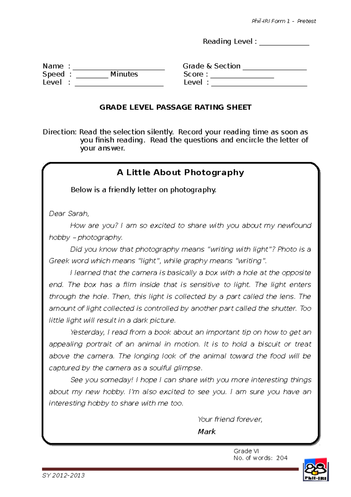 Grade 6 Photography Basics: A Friendly Letter to Sarah - Studocu