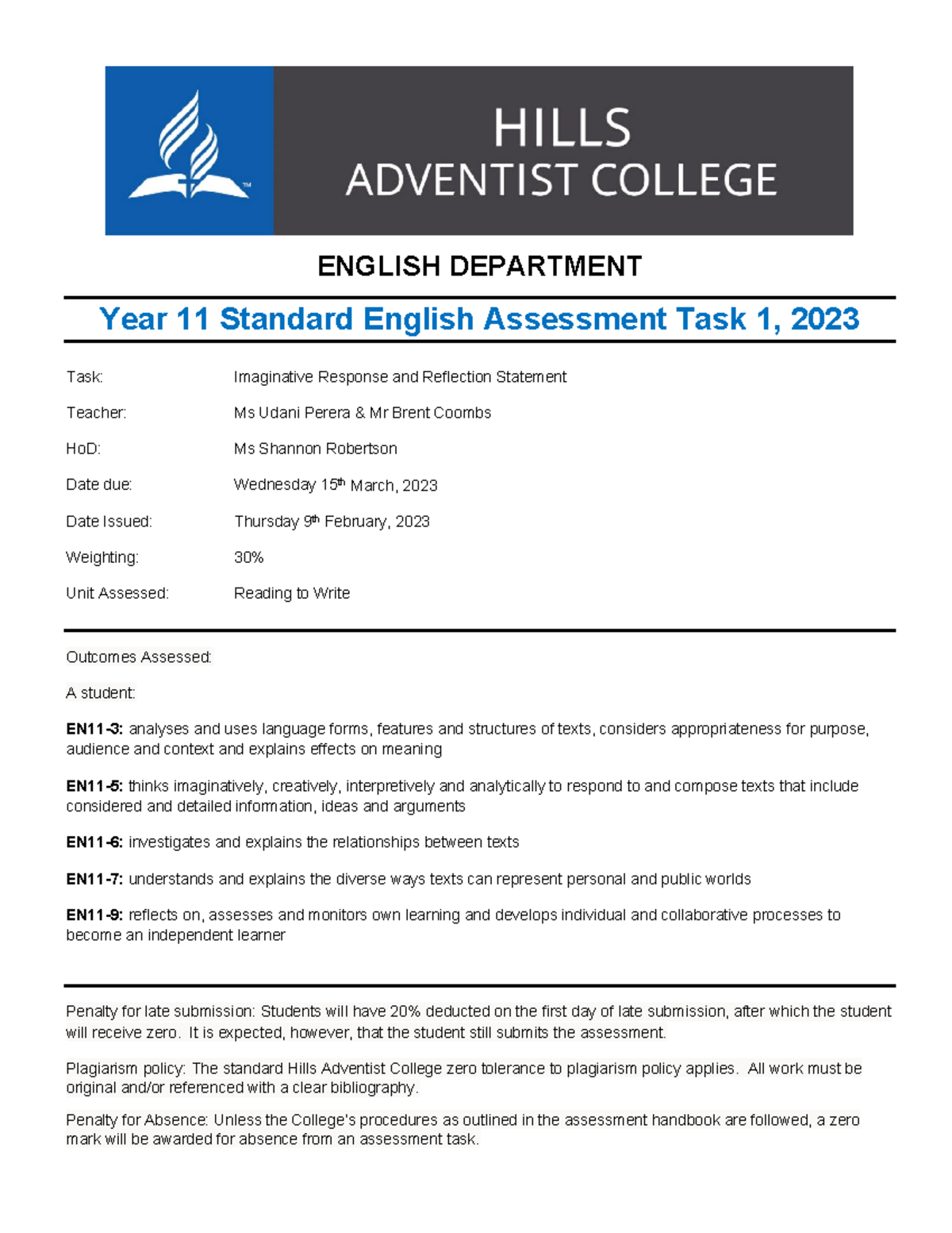 Year 11 Standard English Assessment Task 1: Imaginative Response & Reflection - Studocu