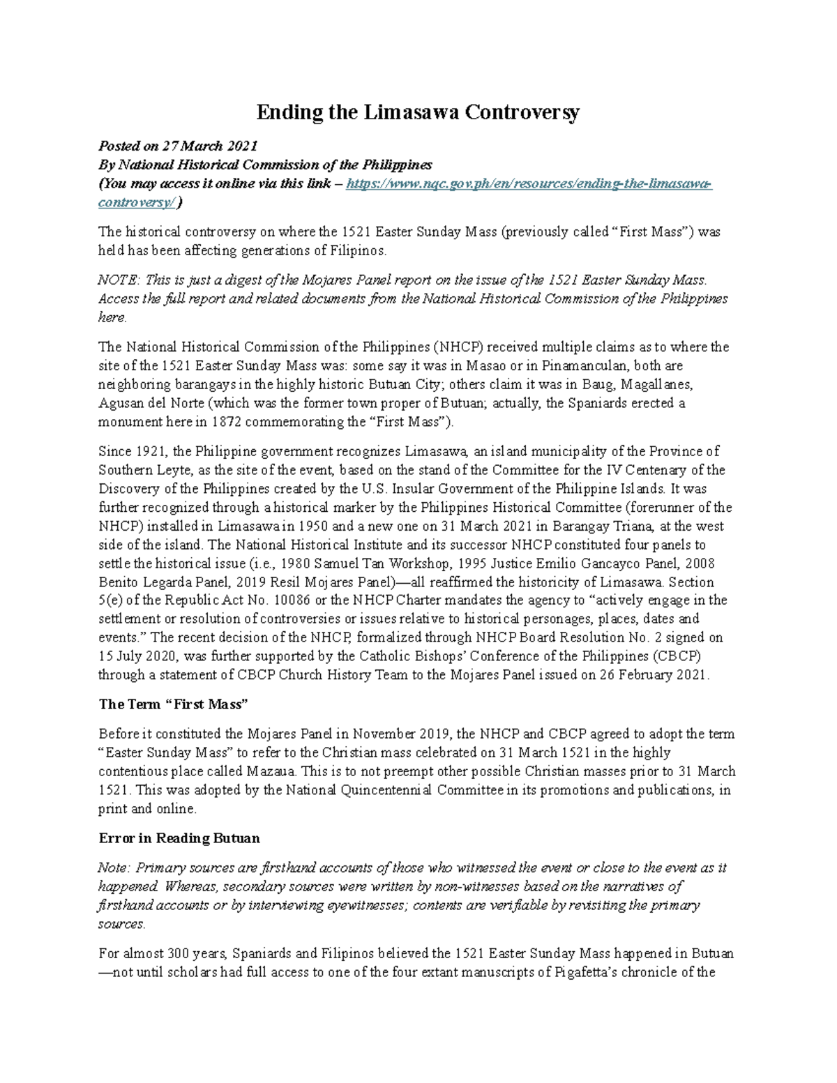 Ending the Limasawa Controversy: Analyzing the 1521 Easter Mass Debate ...