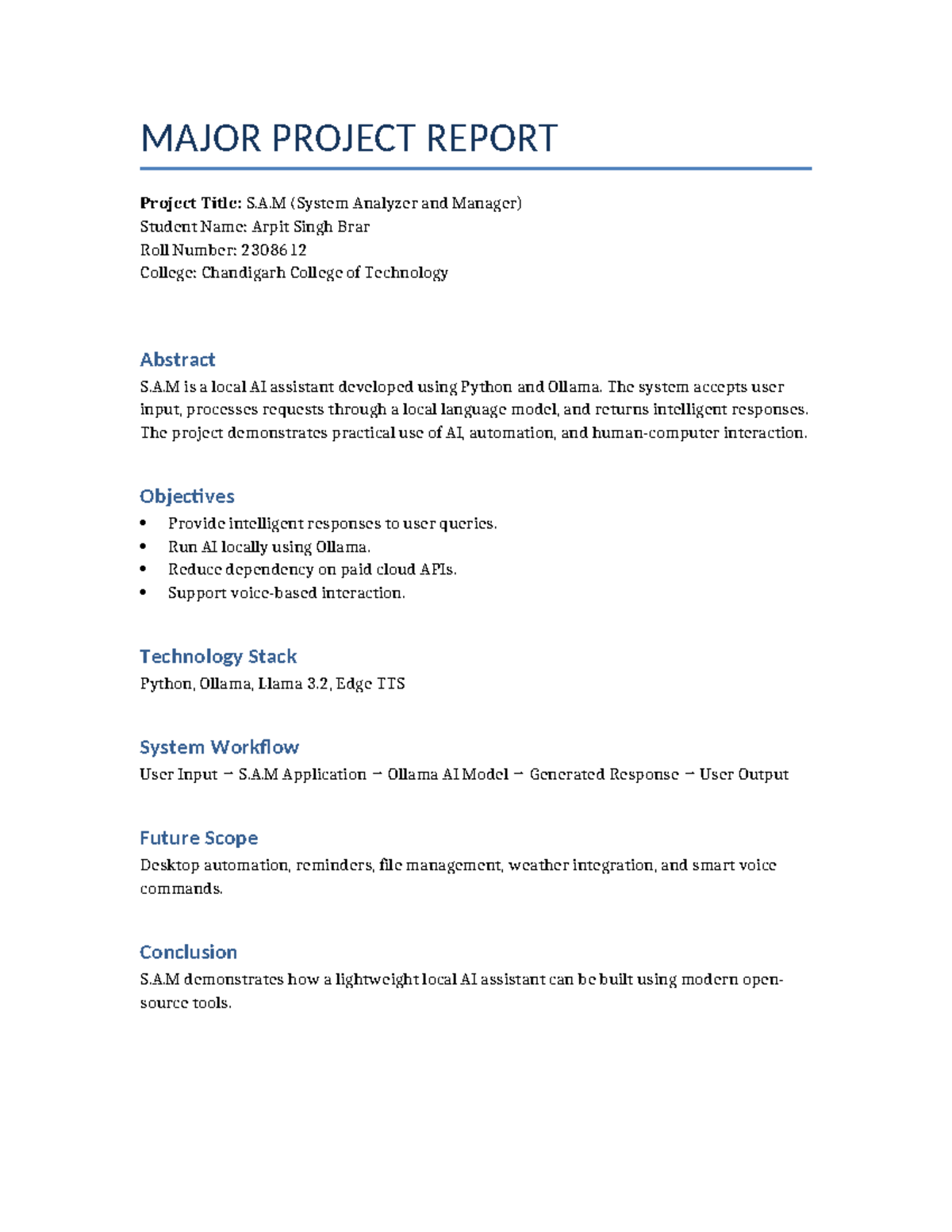 MAJOR PROJECT REPORT: S.A.M - Local AI Assistant Development - Studocu