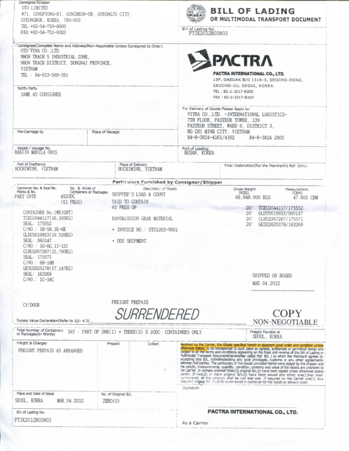BILL OF LADING FOR MULTIMODAL TRANSPORT - PTIK2012B03803 - Studocu