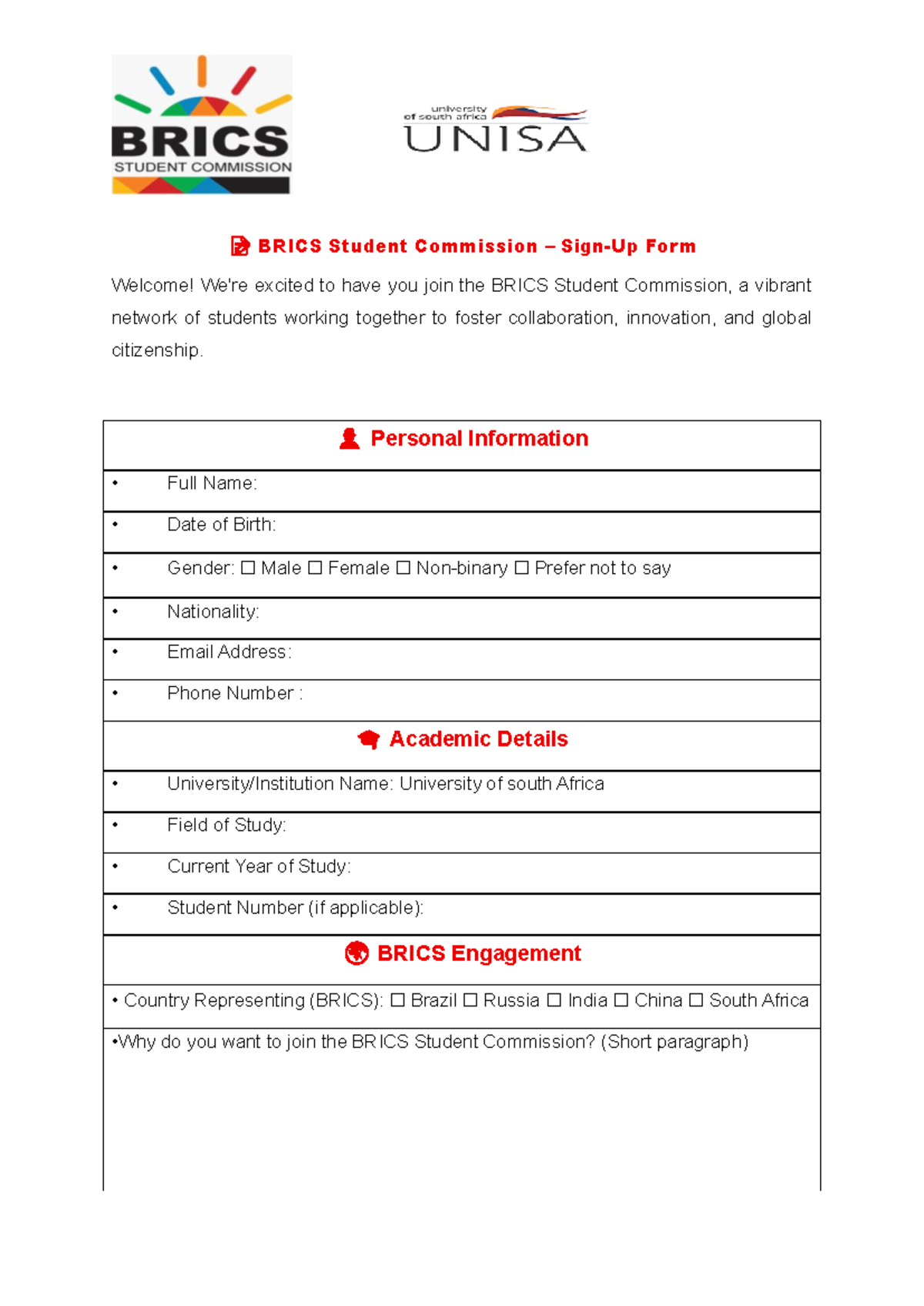 BRICS Student Commission Sign-Up Form Template - Studocu
