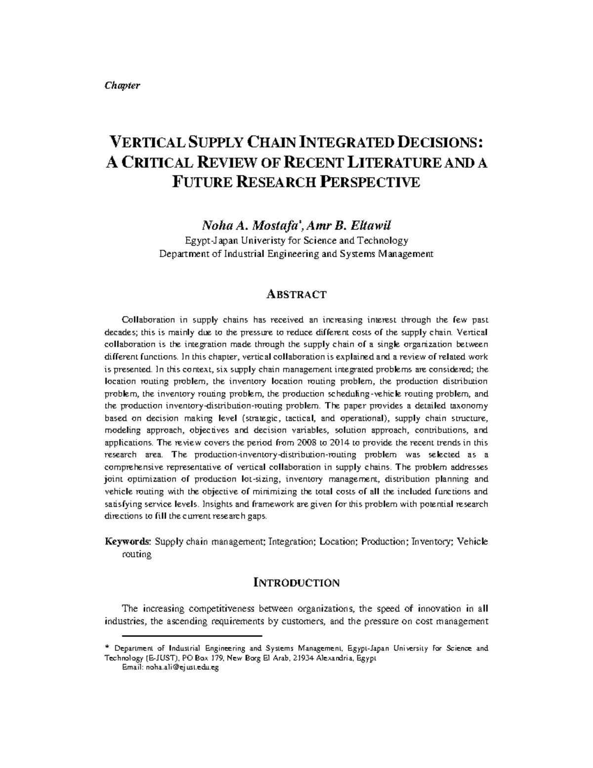 Chapter on VERTICAL SUPPLY CHAIN INTEGRATED DECISIONS: A Review and ...