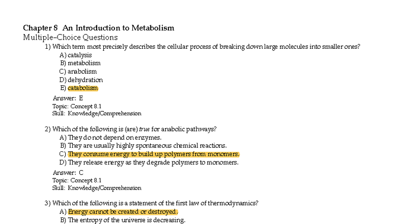 Ch8 Biology Test: Metabolism Concepts and Questions - Studocu