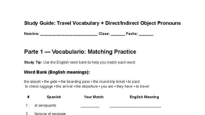 Spanish 2 Quiz Study Guide: Travel Vocabulary & Object Pronouns - Studocu