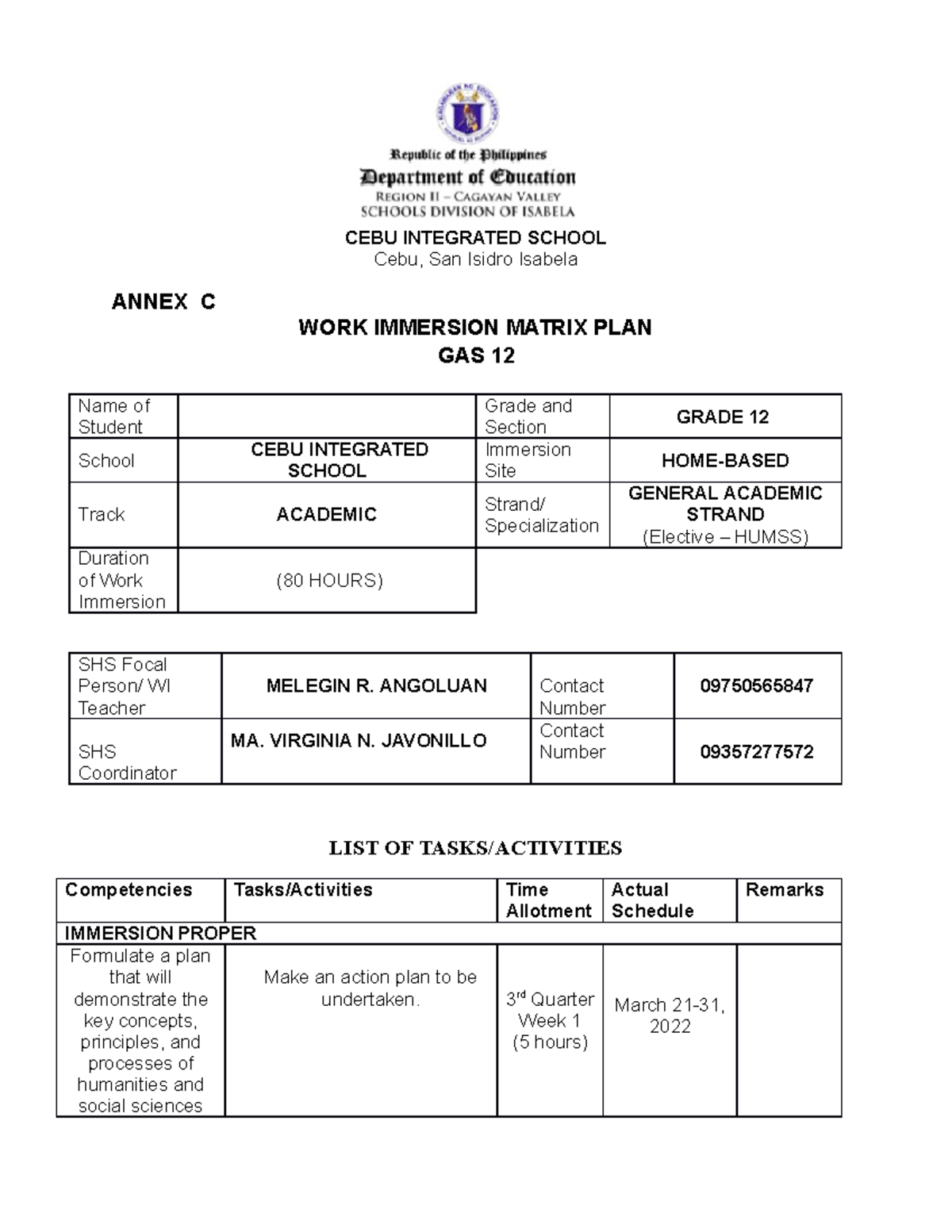 Annex C 2022 - IMMERSION MATRIX - CEBU INTEGRATED SCHOOL Cebu, San ...