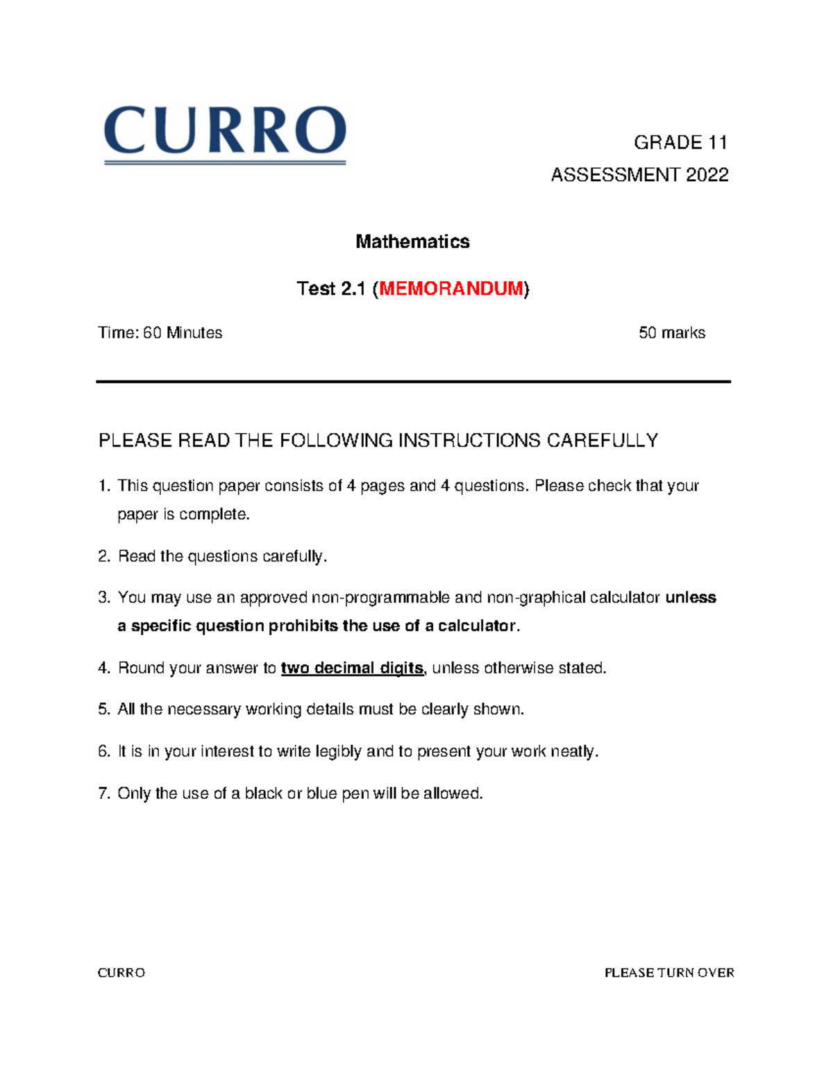 GRADE 11 MATH TEST 2.1 MEMO 2022 - 60 MINUTES - Studocu