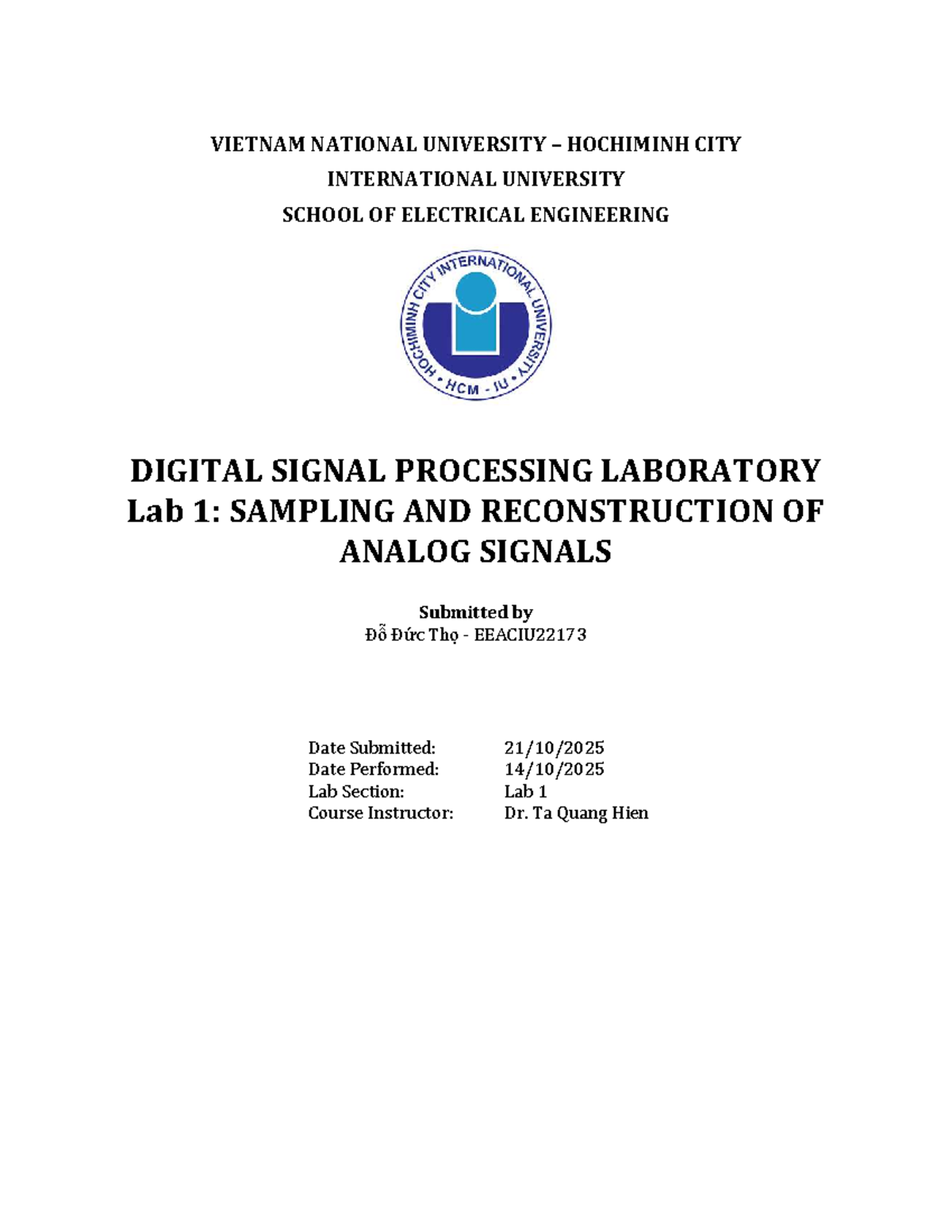 EEACIU22173 Lab 1: Sampling & Reconstruction of Analog Signals - Studocu