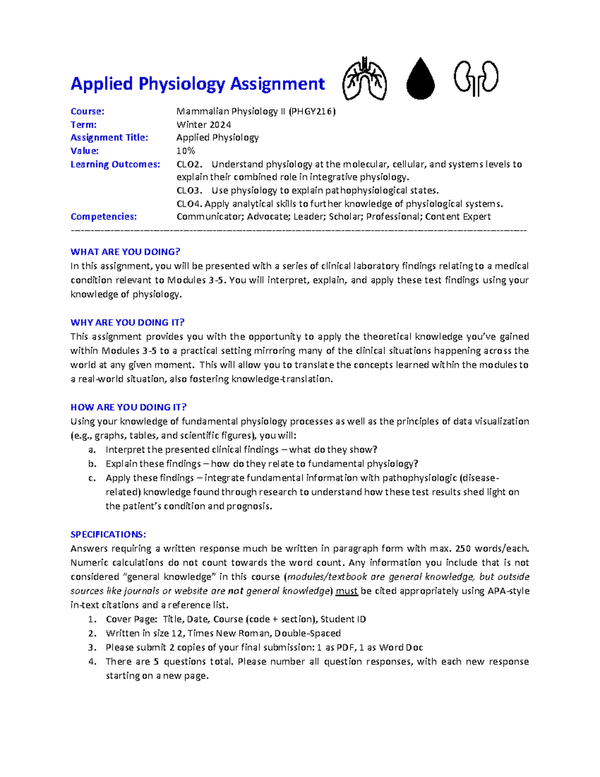 Applied Physiology Assignment for Mammalian Physiology II (PHGY216 ...