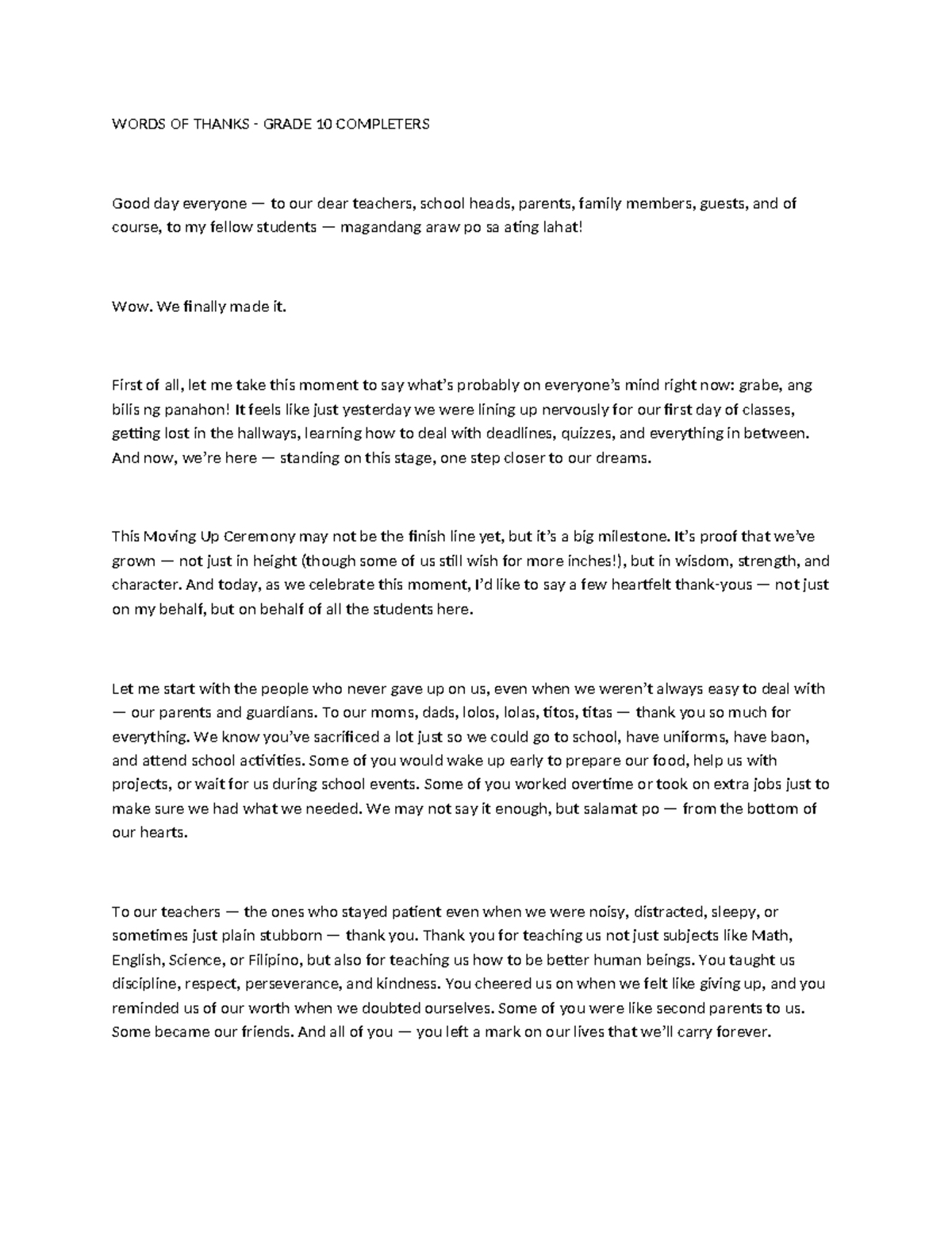 WORDS OF THANKS FOR GRADE 10 COMPLETERS CEREMONY - Studocu