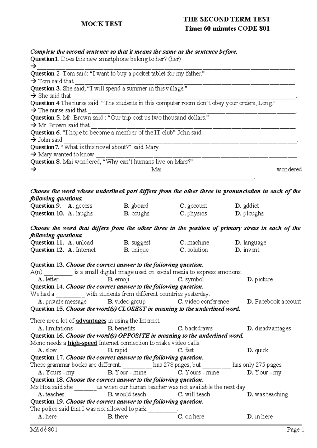MOCK TEST: SECOND TERM TEST CODE 801 - Complete the Sentences - Studocu