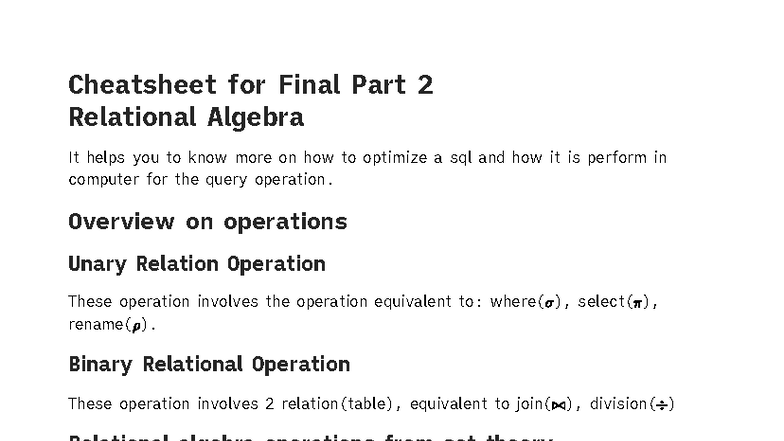 Cheatsheet for Final Exam: Relational Algebra Concepts - Studocu