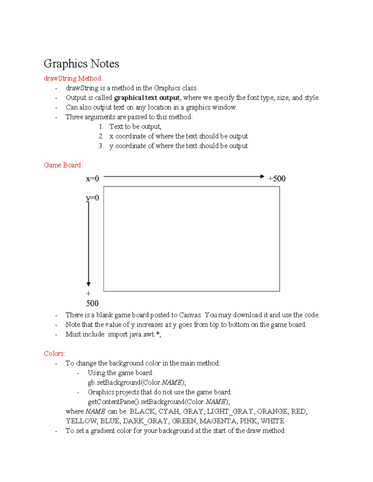 Java Graphics Notes Drawstring Method Colors And Shapes Graphics