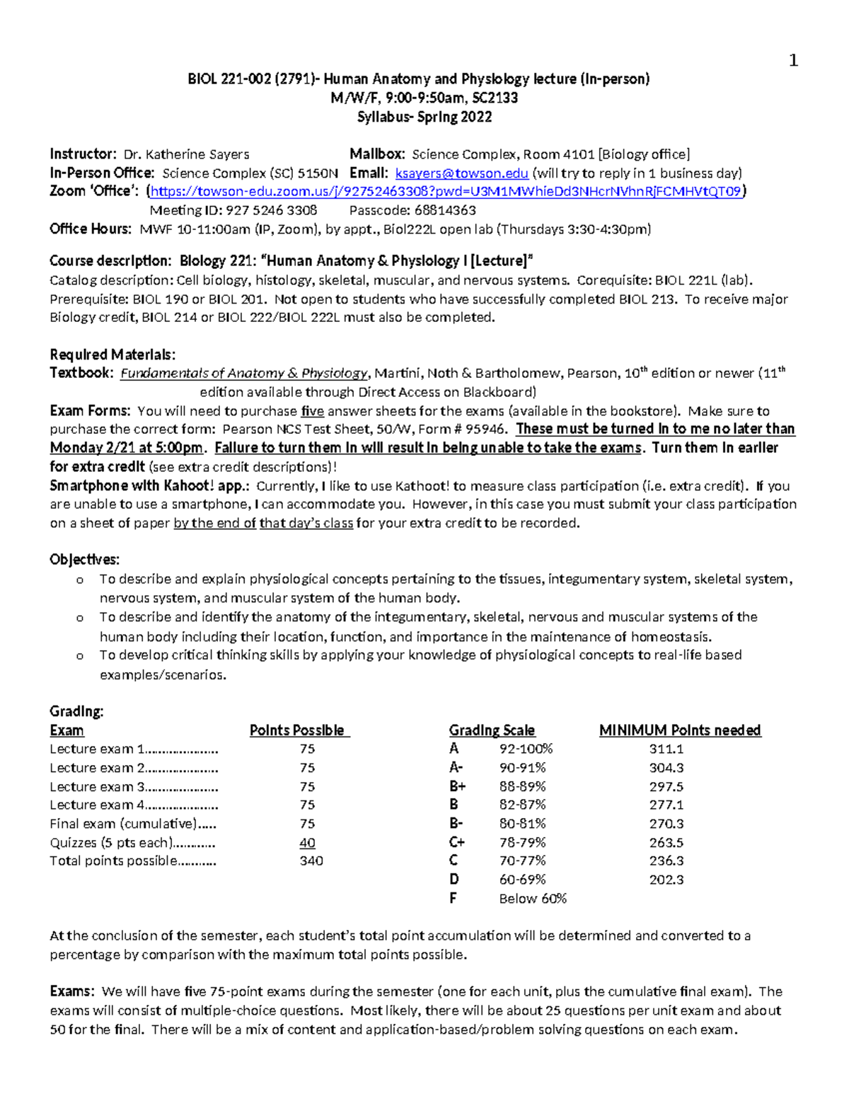 BIOL 221-002 Human Anatomy & Physiology I Lecture Syllabus Spring 2022 ...