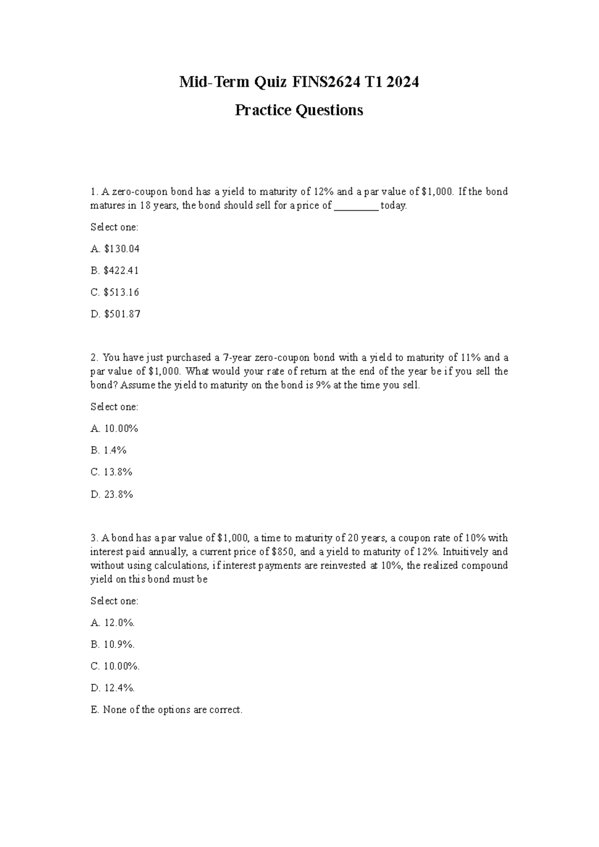 Midterm Practice Questions for FINS2624 T1 2024 - Studocu