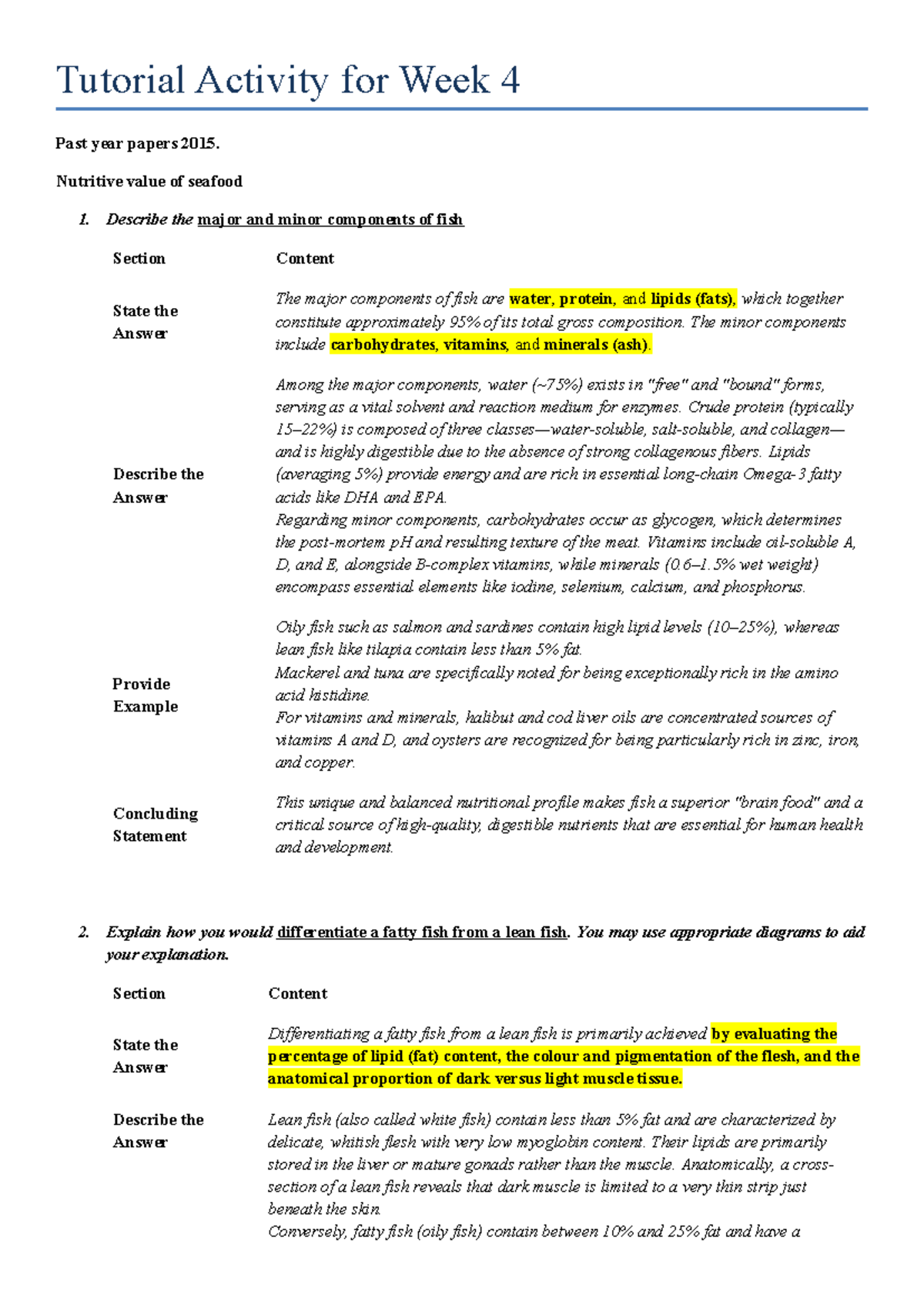 Tutorial Activity for Week 4: Nutritional Value of Seafood and Spoilage ...