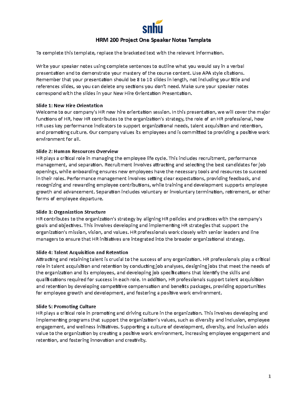 HRM 200 Project 1 Speaker Notes Template - HRM 200 Project One Speaker ...