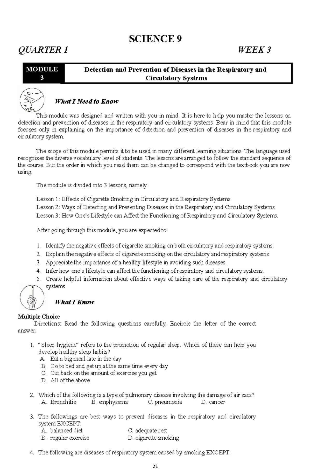 SCIENCE 9: Quarter 1 Week 3 - Lifestyle and Health Module - Studocu