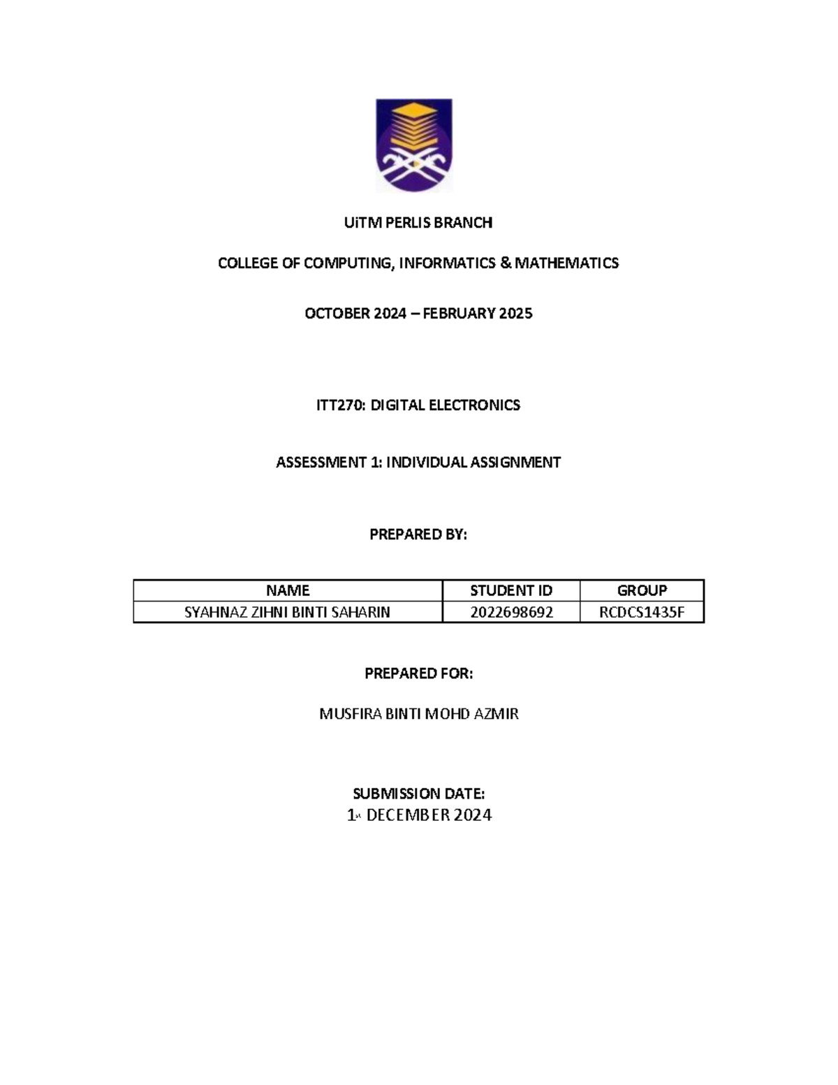 ITT270: Digital Electronics Individual Assignment Overview - Studocu