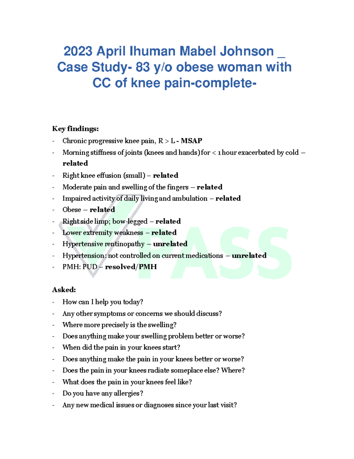 2023 April Ihuman Case Study: 83 y/o Obese Woman with Knee Pain - Studocu