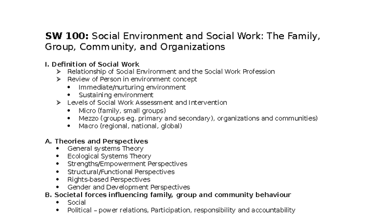 SW 100: Social Environment & Social Work - Family, Groups ...