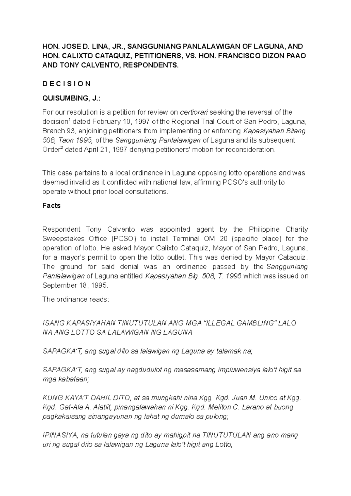 Lina v. Pano: Decision on Kapasiyahan Blg. 508, T. 1995 - Studocu