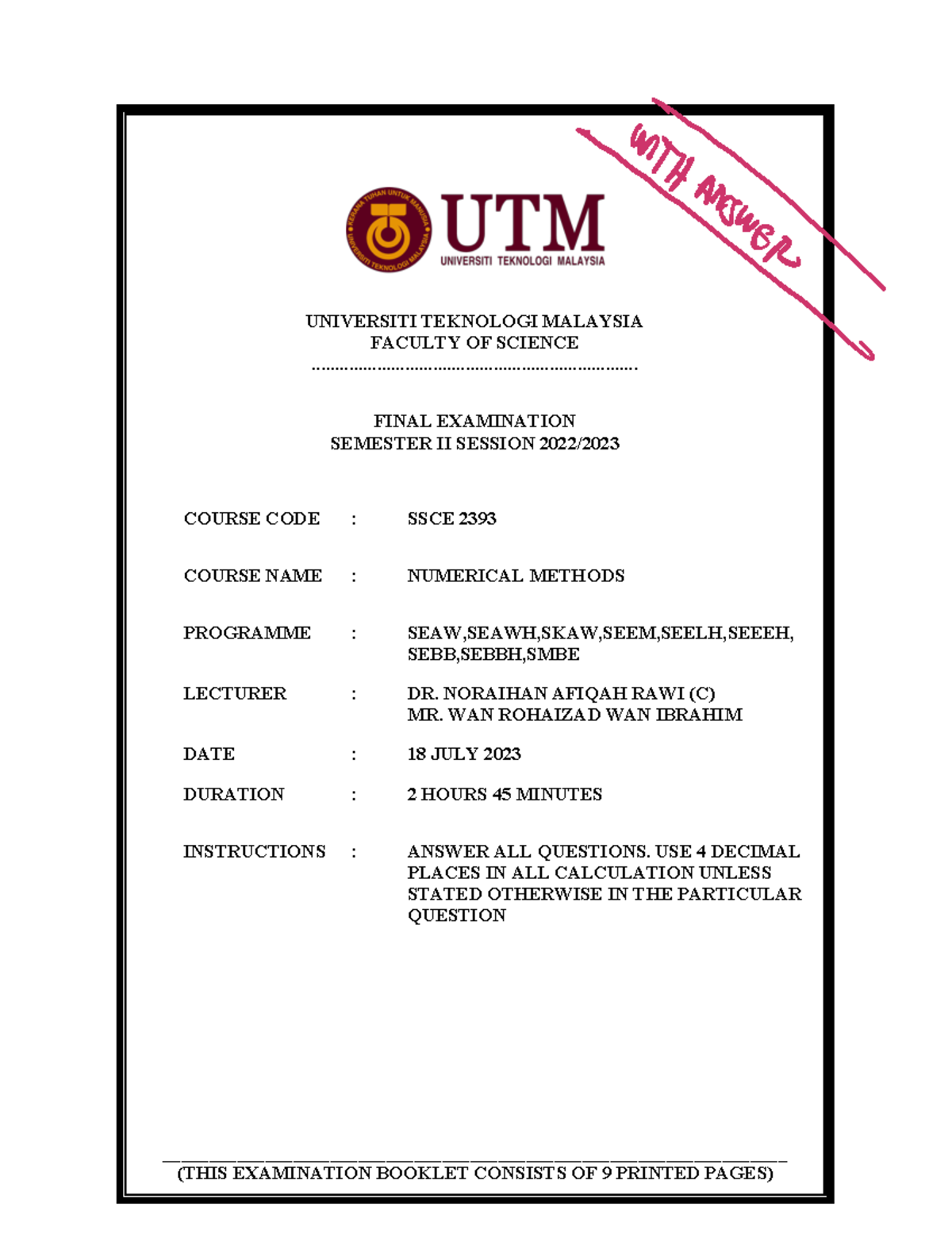 Final Exam SSCE2393 Numerical Methods Sample Answers 2022/2023 - Studocu