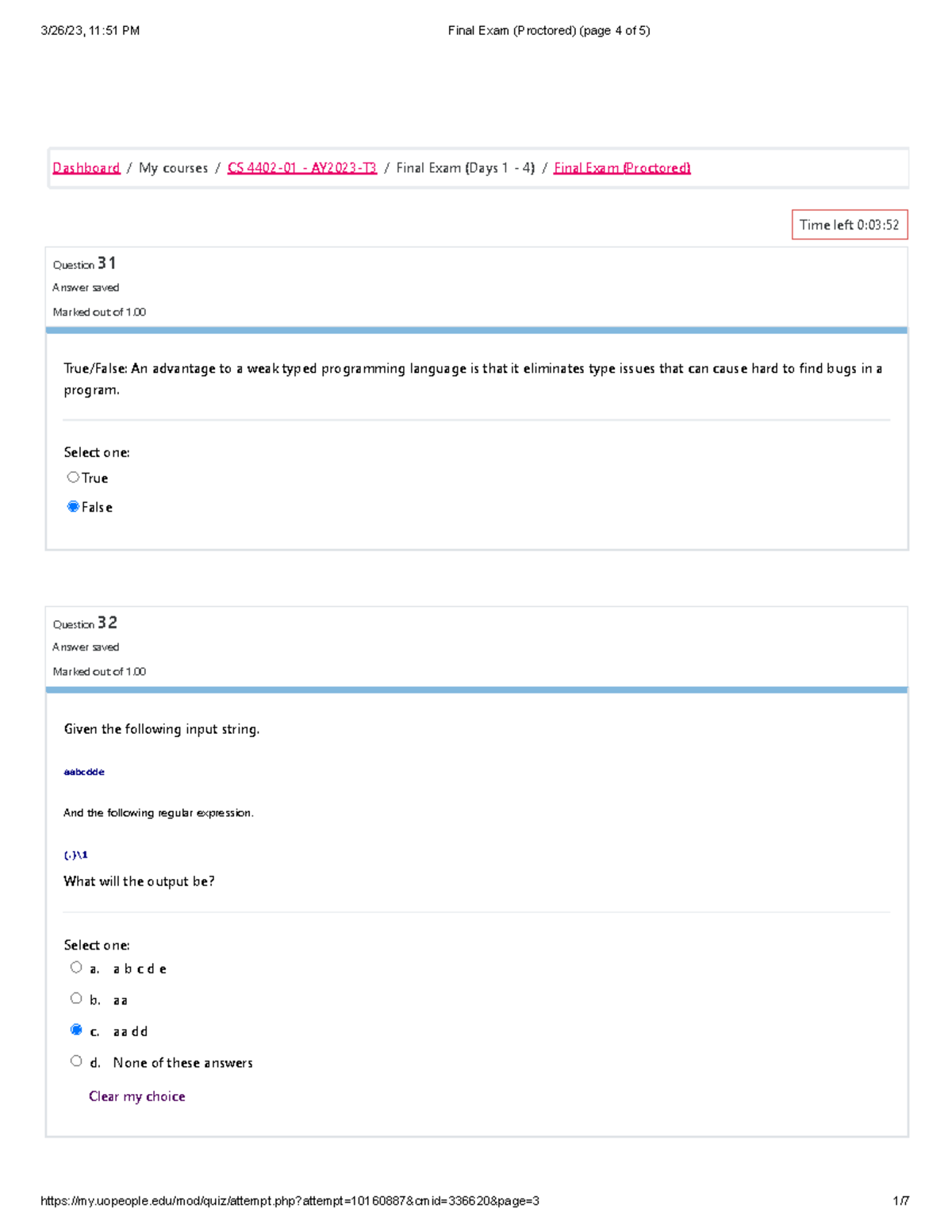 Final Exam (26.67 %) (page 4 of 5) - Question 31 Answer saved Marked ...