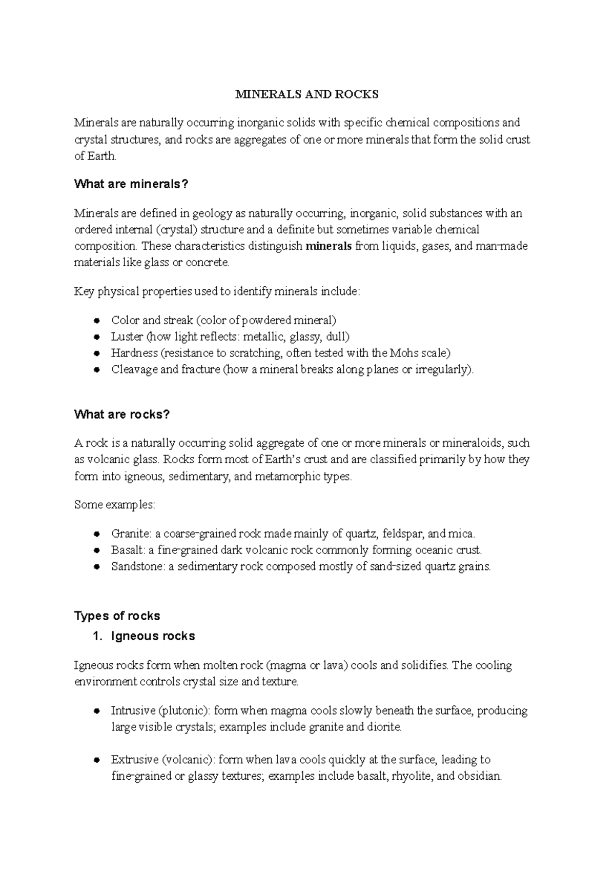 MINERALS AND ROCKS: Understanding Their Properties and Types - Studocu