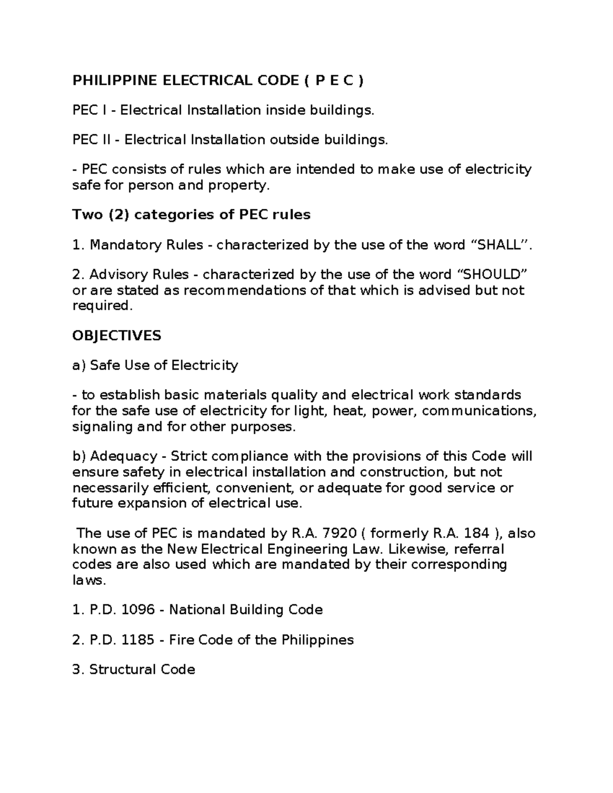 Philippine Electrical Code Overview - EE CODES (PEC) - Studocu