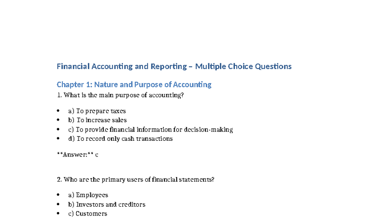 Financial Accounting and Reporting MCQs: Chapter 1 Overview - Studocu