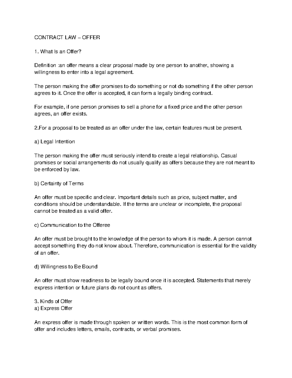 CONTRACT LAW (CL101) - Understanding Offers: Key Concepts and Types ...