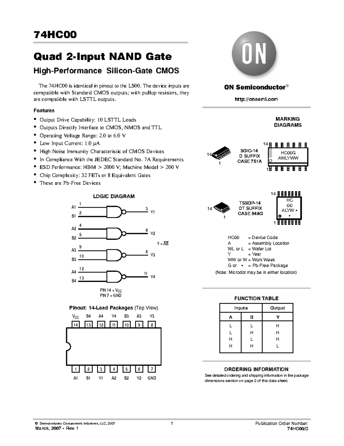 74HC00 Quad NAND Gate CMOS - Technical Data and Specifications - Studocu
