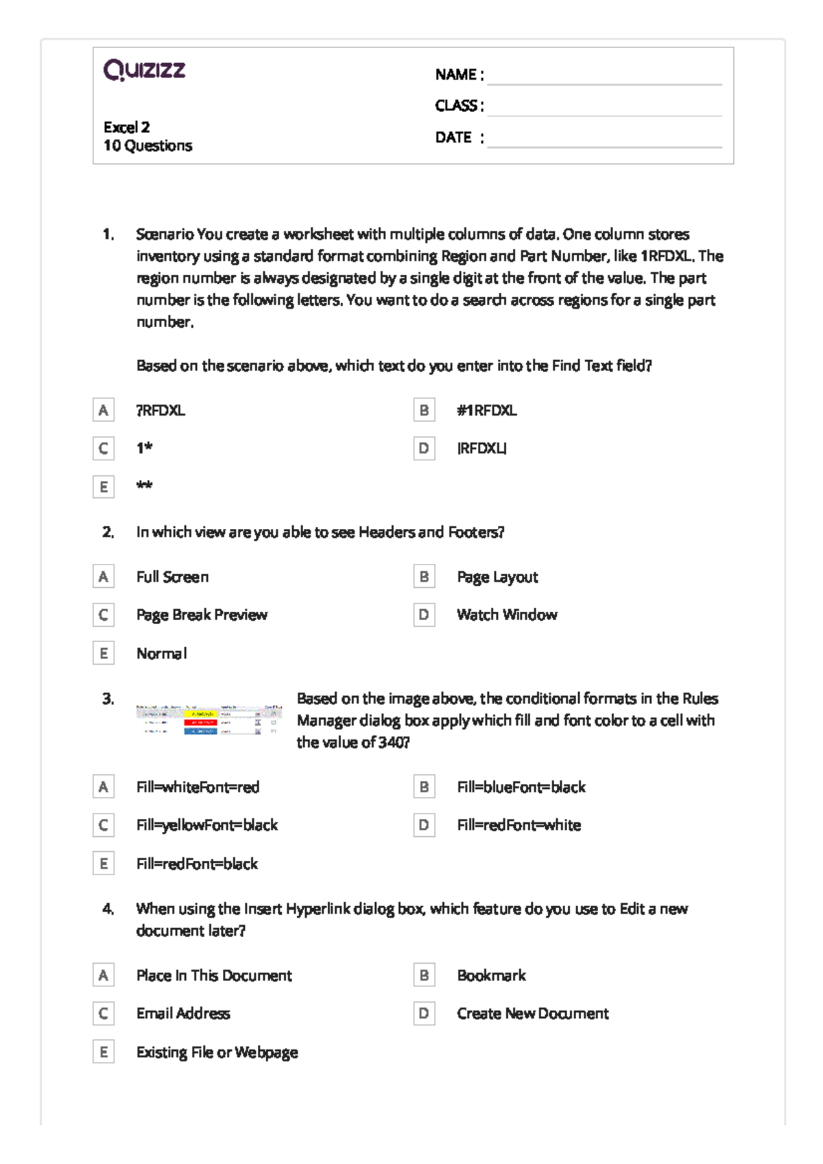 Excel 2 - Sample sample - Excel 2 10 Questions NAME : CLASS : DATE ...