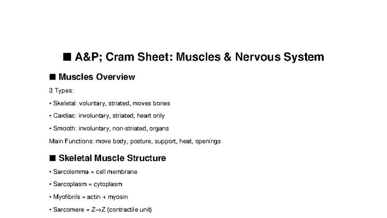 A&P Cram Sheet: Overview of Muscles & Nervous System Functions - Studocu