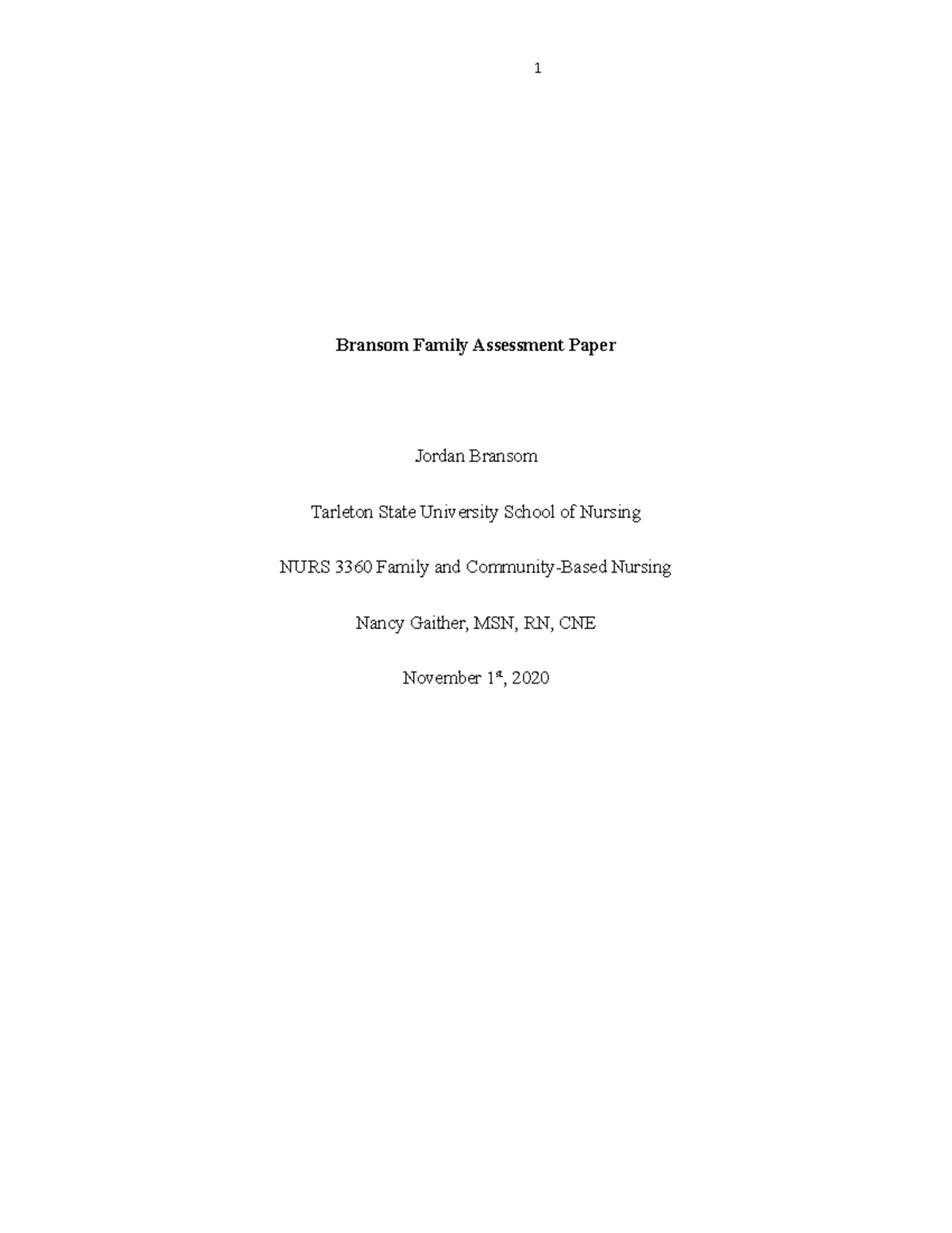 Final Family Assessment Paper JB 2020 - Bransom Family Assessment Paper ...