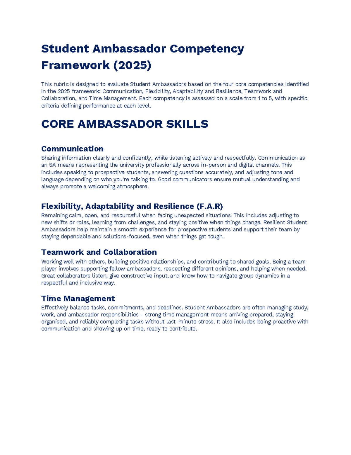 Student Ambassador Competency Framework Rubric (2025) - Studocu