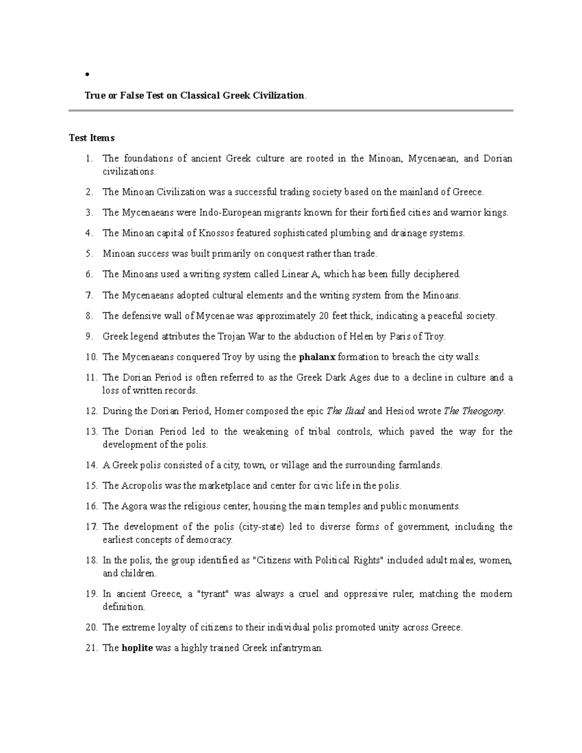 True or False Quiz on Classical Greek Civilization (HIST 101) - Studocu