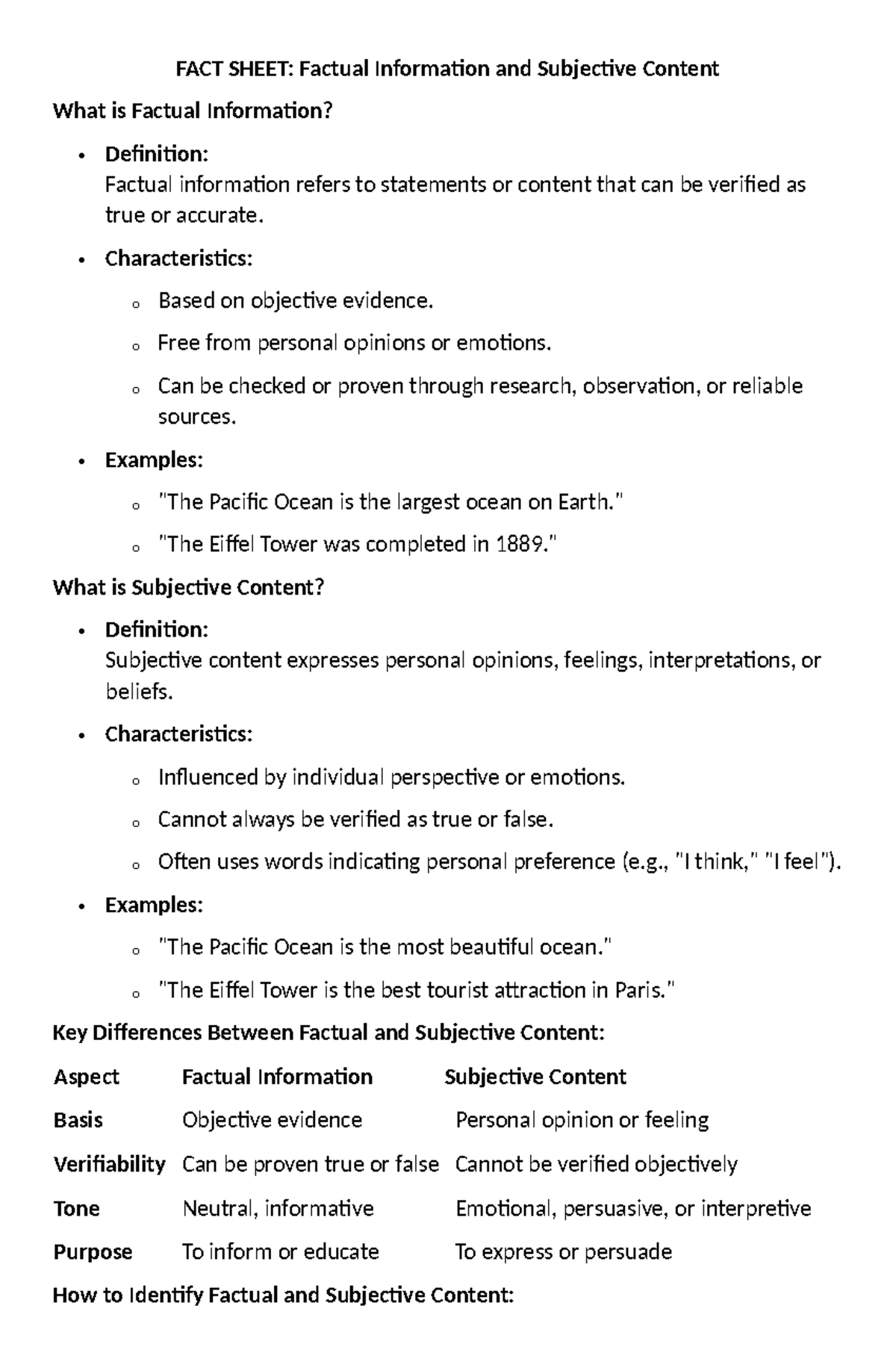 FACT Sheet: Distinguishing Factual from Subjective Content - Studocu