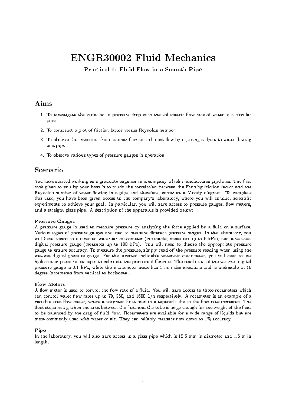 Fluid Mechanics Practical 1: Analyzing Flow in a Smooth Pipe - Studocu