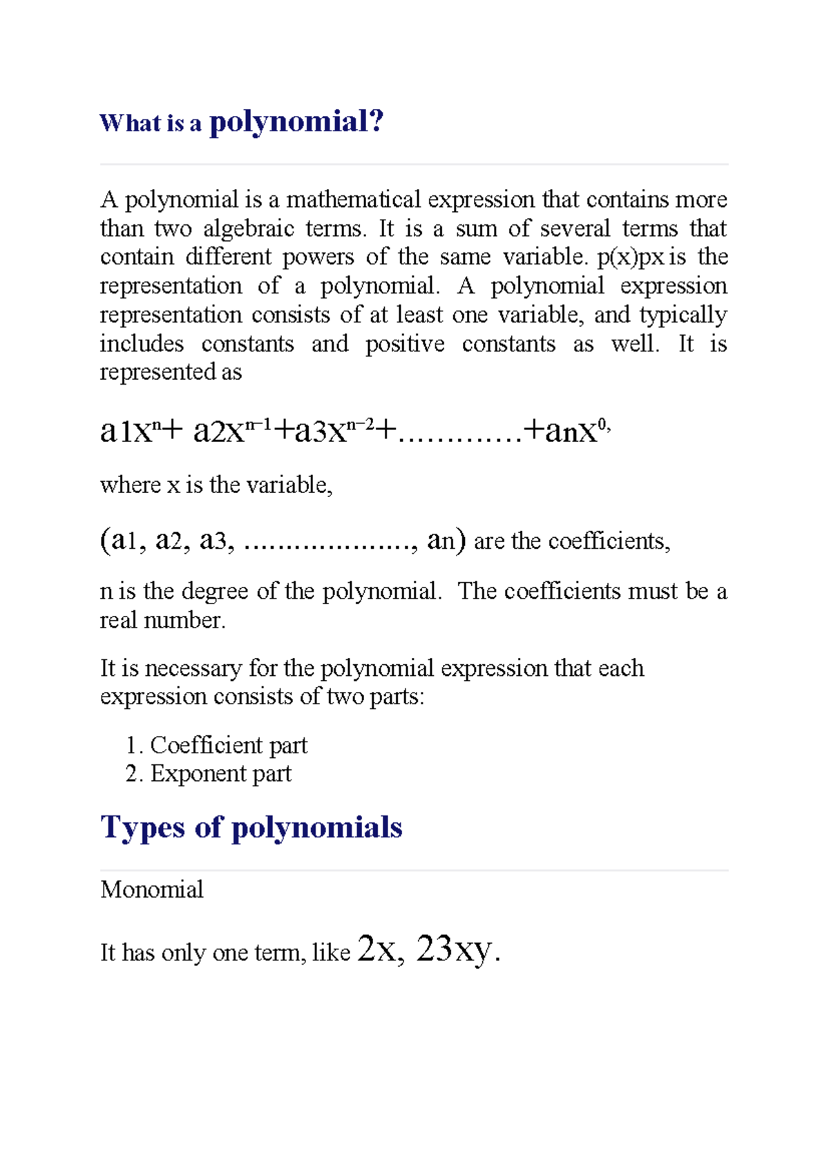 Polynomial concepts and representations in mathematics - Studocu